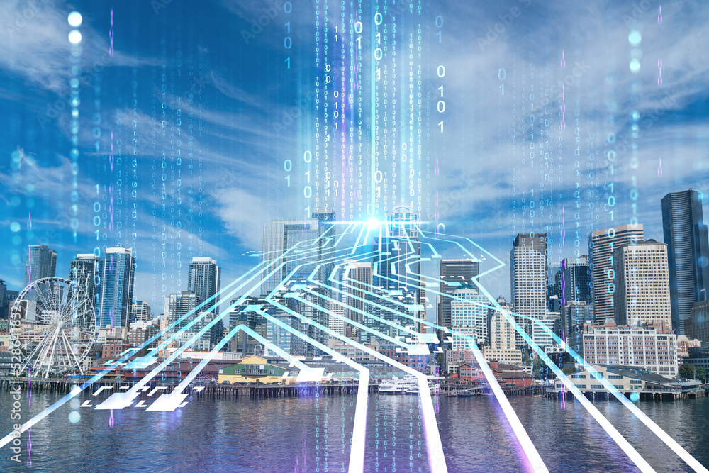 Seattle skyline with waterfront view. Skyscrapers of financial downtown ...