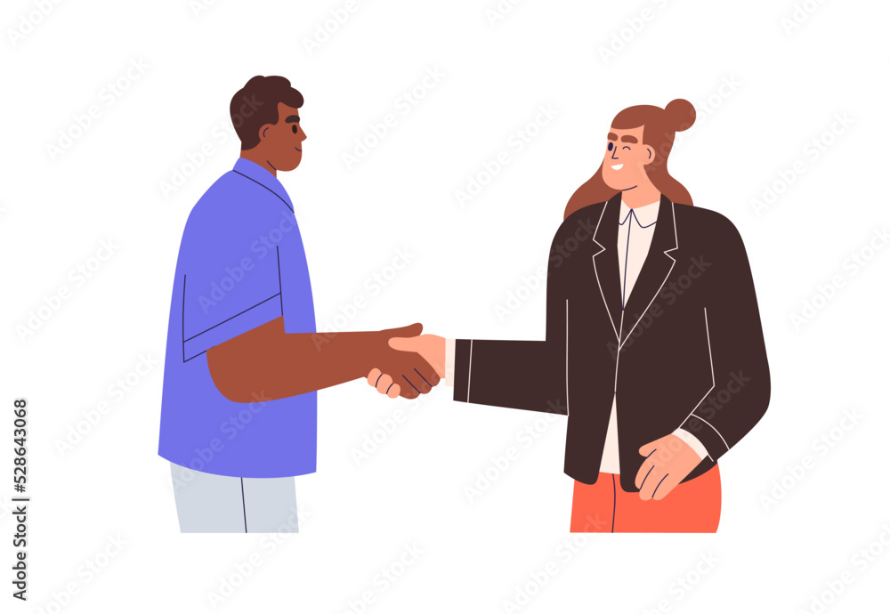 Business woman and man greeting with handshake. Happy partners, office ...