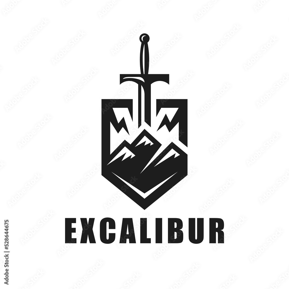 Excalibur logo icon. Sword in rock emblem. Mountain with sword in stone ...
