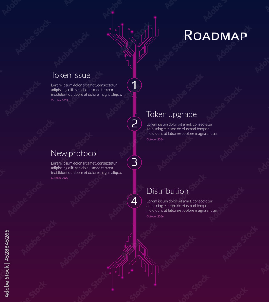 Roadmap for cryptocurrency or digital technology site on dark red ...