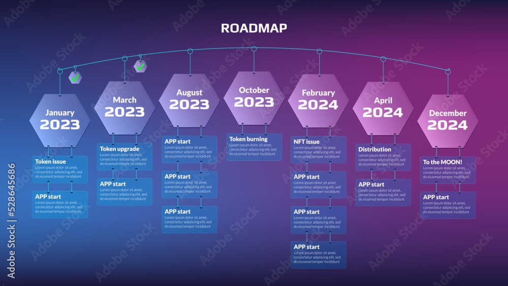 Horizontal roadmap with hanging stages on hexagons and copy space on ...