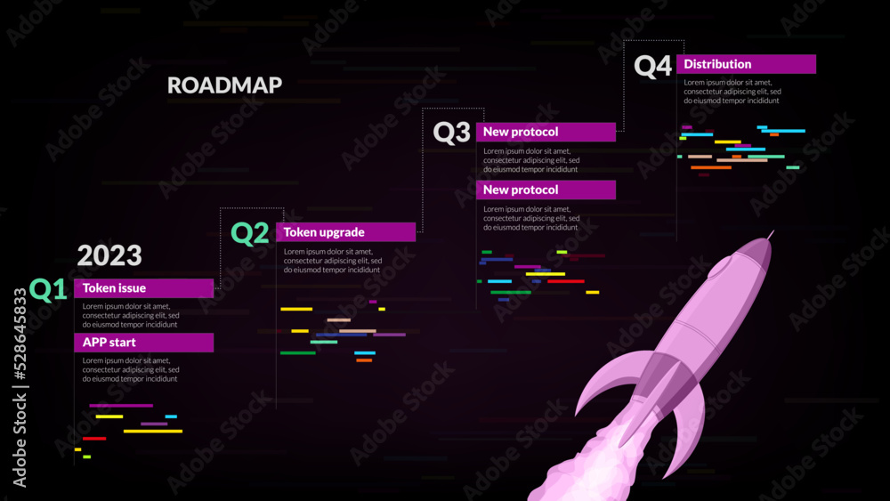 Roadmap with four sections in upward trend and spaceship on dark ...