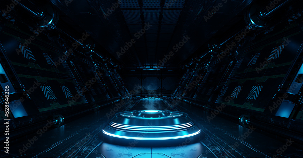 Blue spaceship interior with projector. Futuristic corridor in space ...