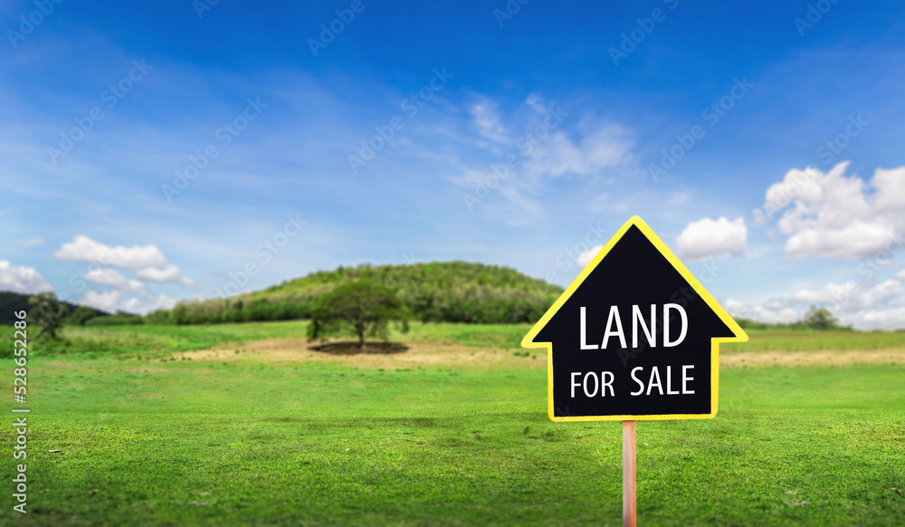 land for sale sign against trimmed lawn background. Empty dry cracked ...