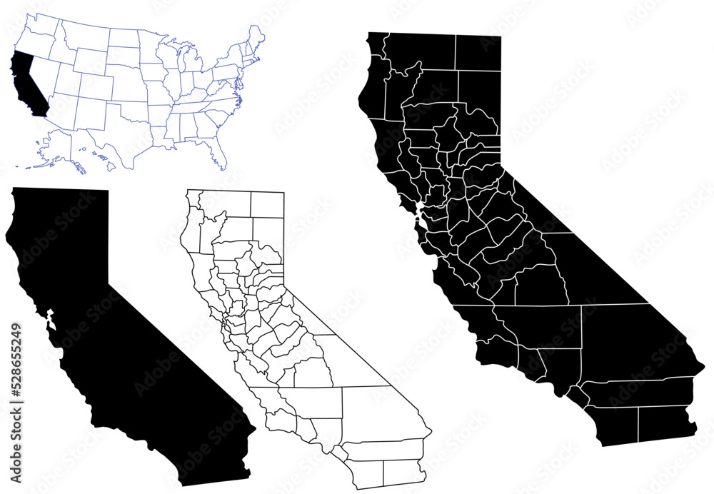 outline silhouette California map set isolated on white background.map ...