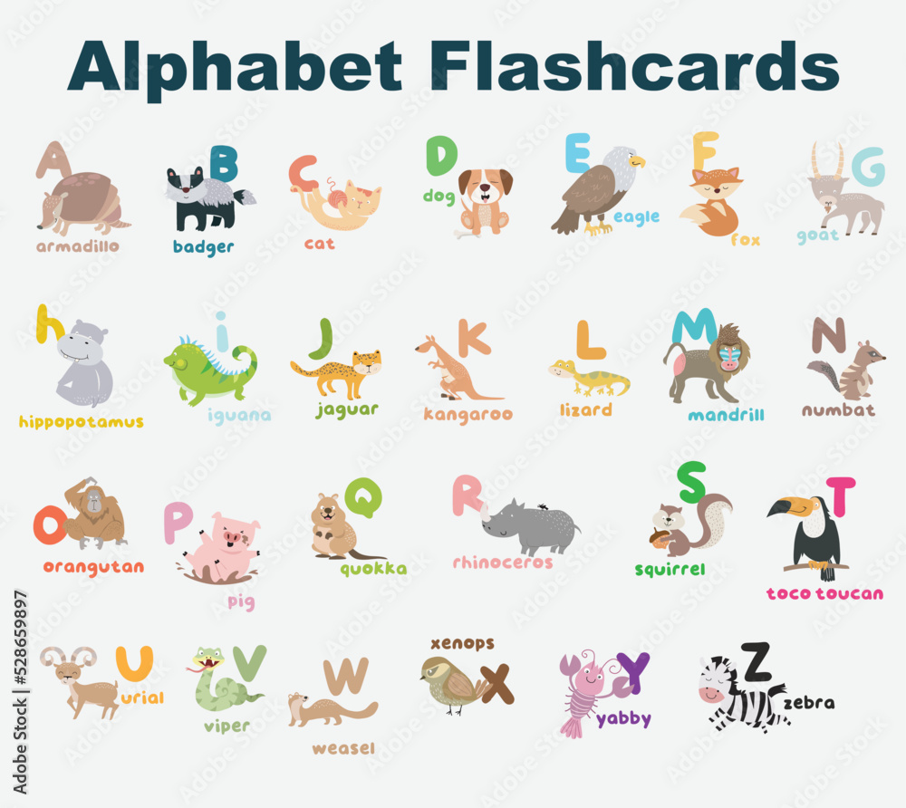 Animal alphabet flashcard. Educational printable flashcard. Vector ...