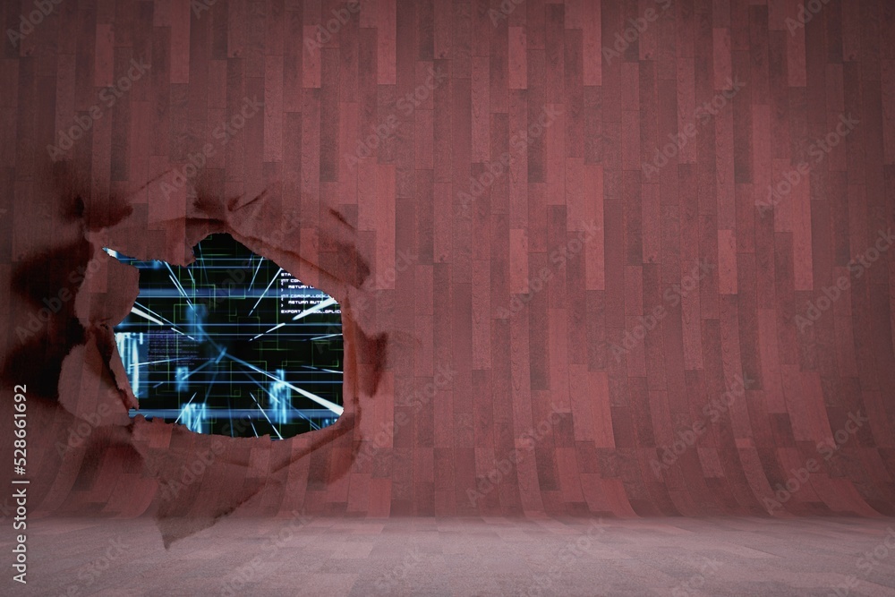 Rip on wall showing technology interface Stock Photo | Adobe Stock