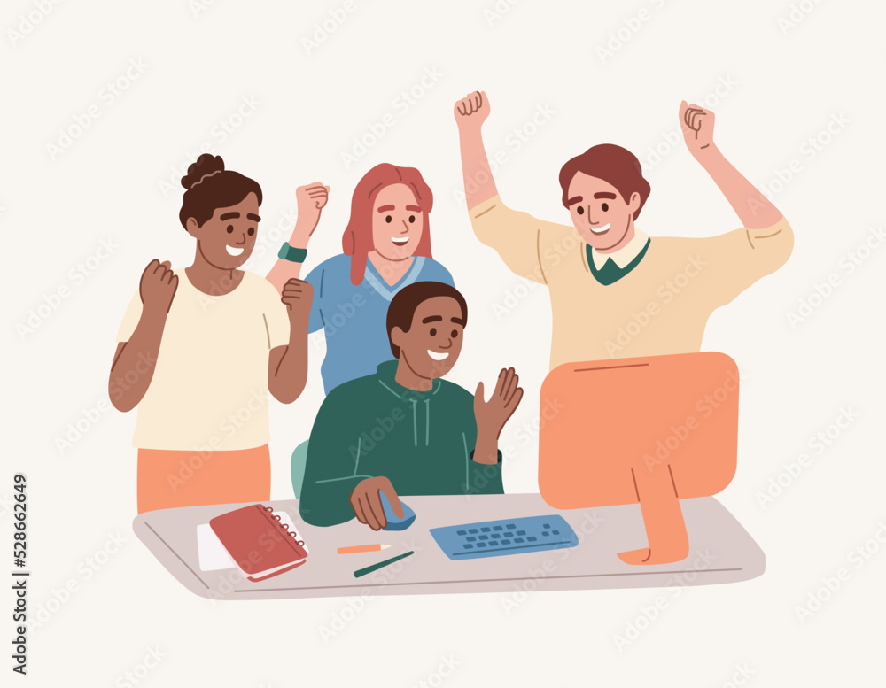 Group of people, employees celebrating victory, success at work ...