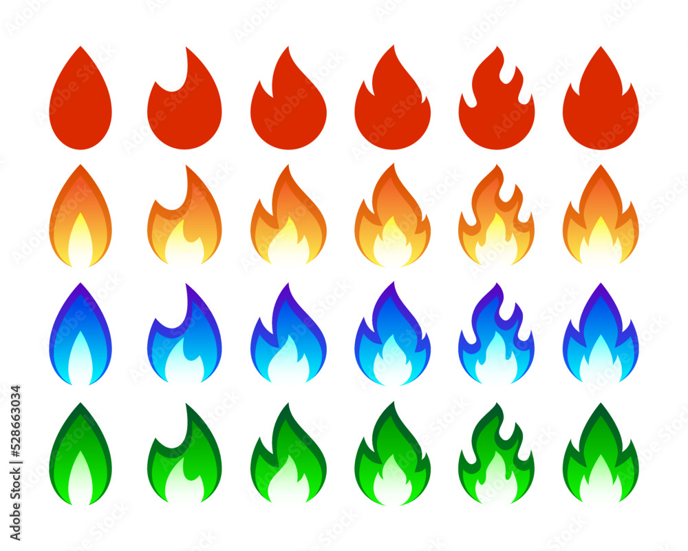 Flame icon set flat design editable. Fire icon. Red, Orange, Blue, and ...