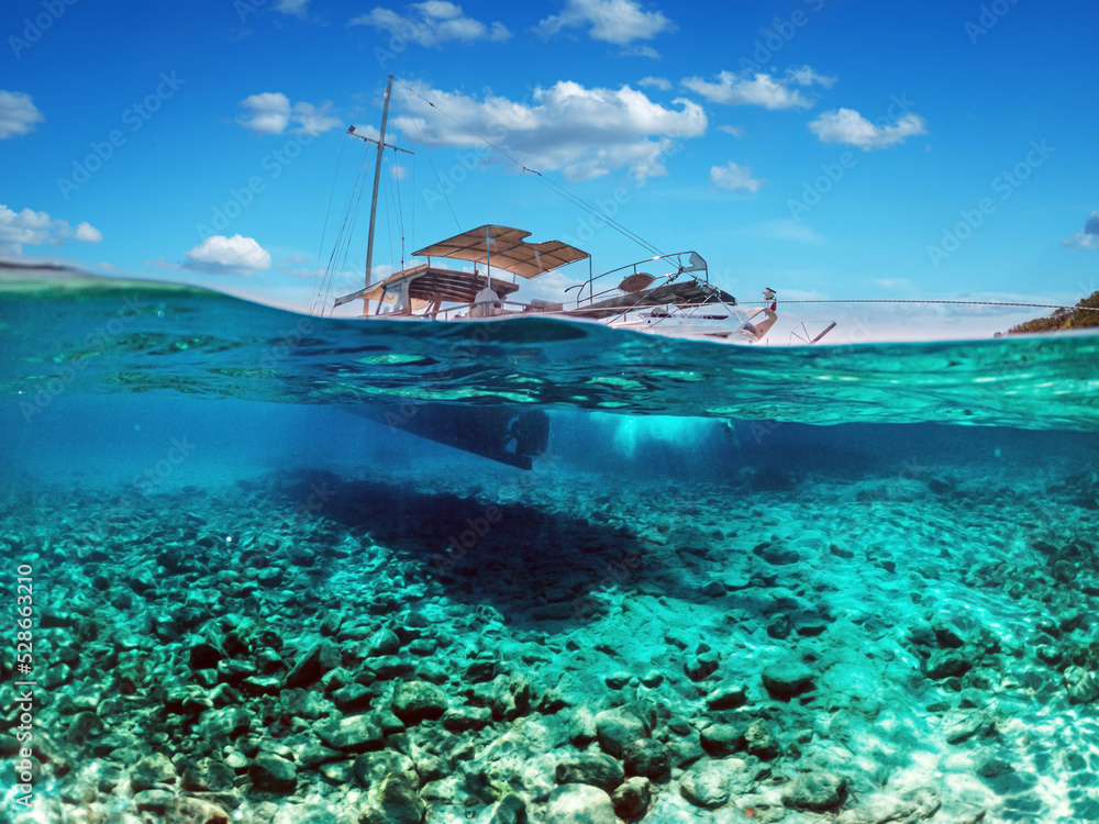 Split view - half underwater view of beautiful seabed with sea fishes ...