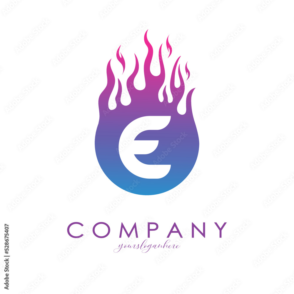 E letter logo with purple flames design in a fireball. Fire icon ...