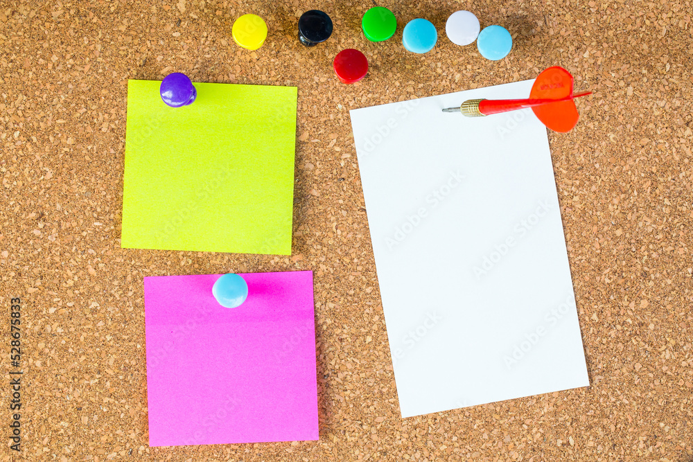 abstract paper note pin on cork board. cork board with blank notes ...