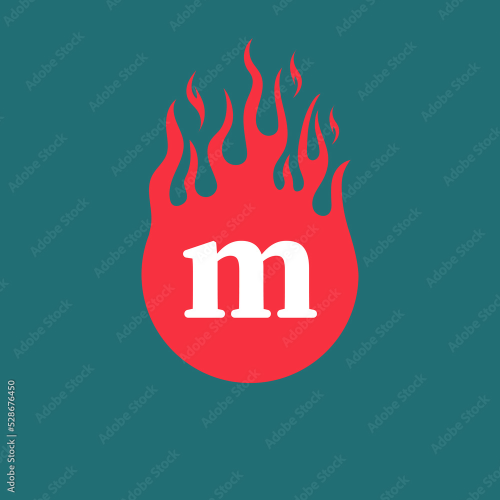 m small letter icon with red flames design in a fireball. Fire logo ...
