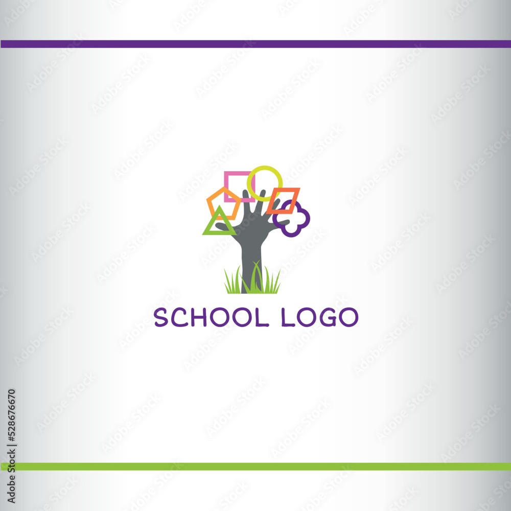 Logo for School and kindergarten. Hand and Shapes. Tree shape. Vector ...