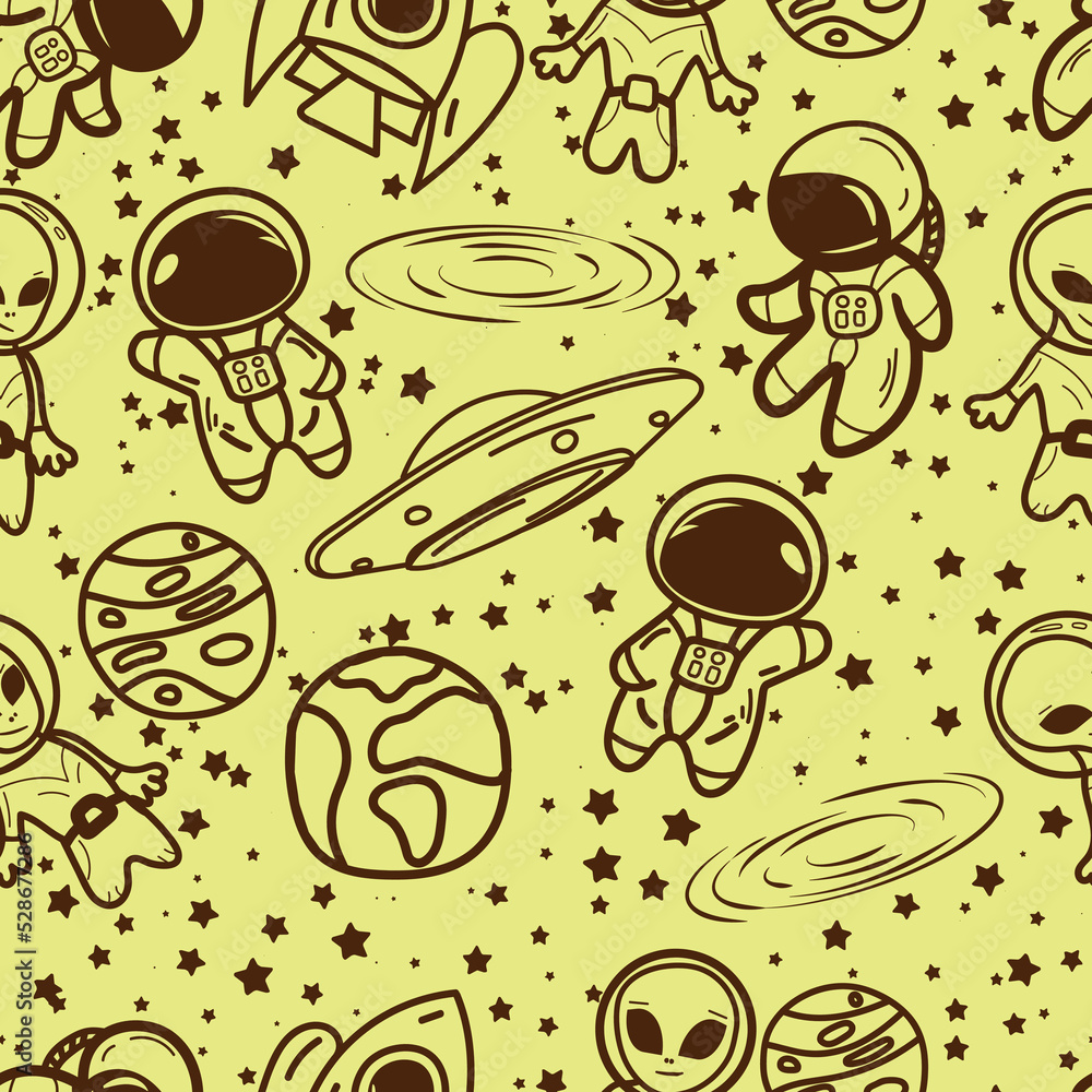 incredibly interesting and cute space doodle with flying saucer, rocket ...