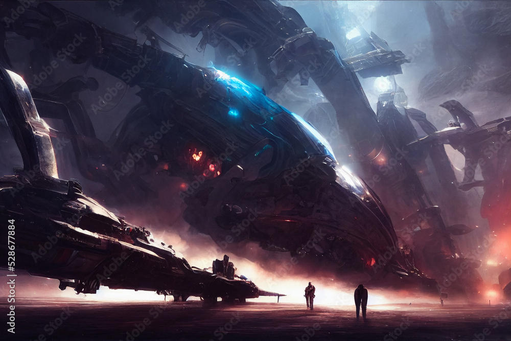 Epic scene of massive scifi machines in strange world, digital ...