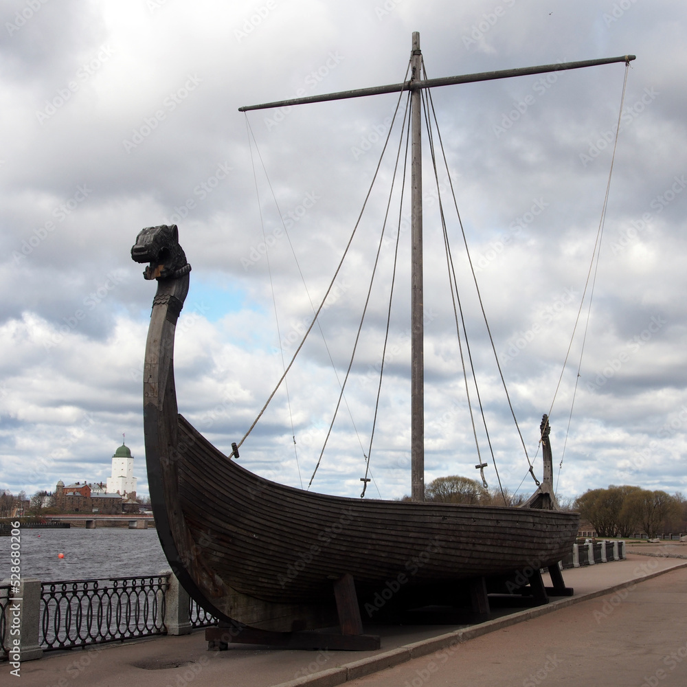Historical full-scale reconstruction of the Viking dragon boat. Ancient ...