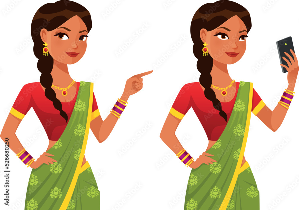 beautiful Indian woman in colorful saree, pointing finger or taking ...