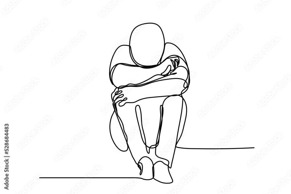 continuous line drawing of sad man hugs his knee on white background ...
