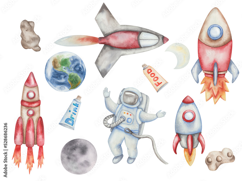 Watercolor illustration of hand painted spacemen, spaceship, spacecraft ...