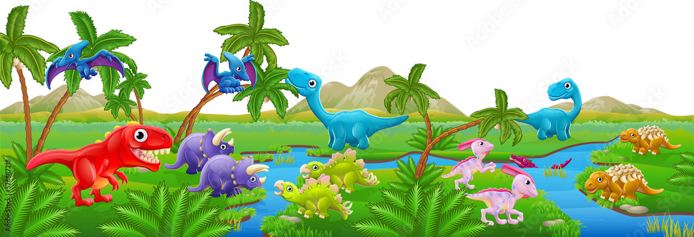 Cute Cartoon Dinosaur Scene Landscape Stock Illustration | Adobe Stock