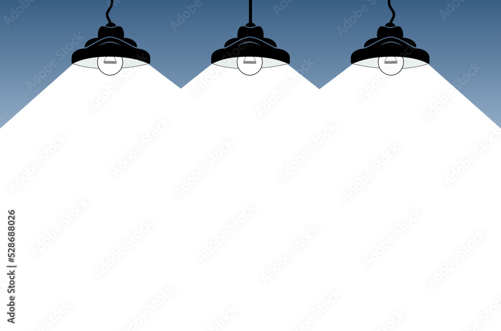 Three ceiling lamps, lightbulb and light ray vector illustration ...