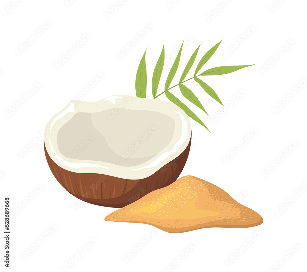 Cartoon coconut sugar. Food sweetening, gourmet nutrition, palm leaf ...