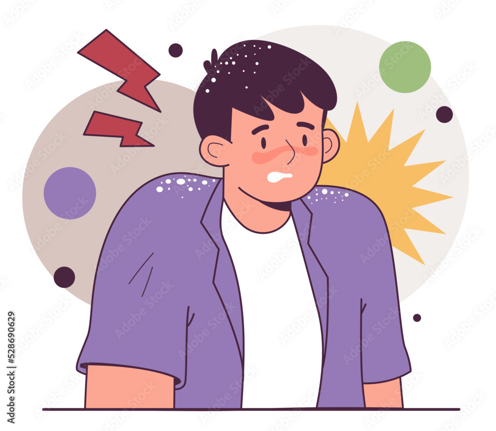 Dandruff. Skin flakes, character with itchy and dry scalp. Stressed ...