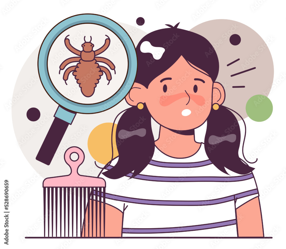 Pediculosis concept. Child with parasites, lice invasion. Hair louse ...