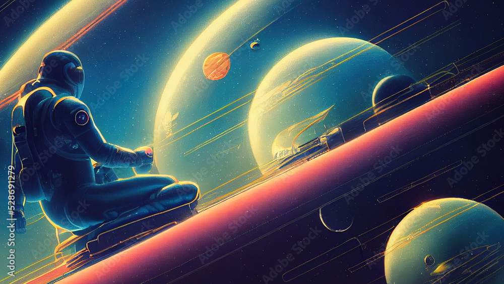 Astronaut in space suit is sitting isolated on space background ...