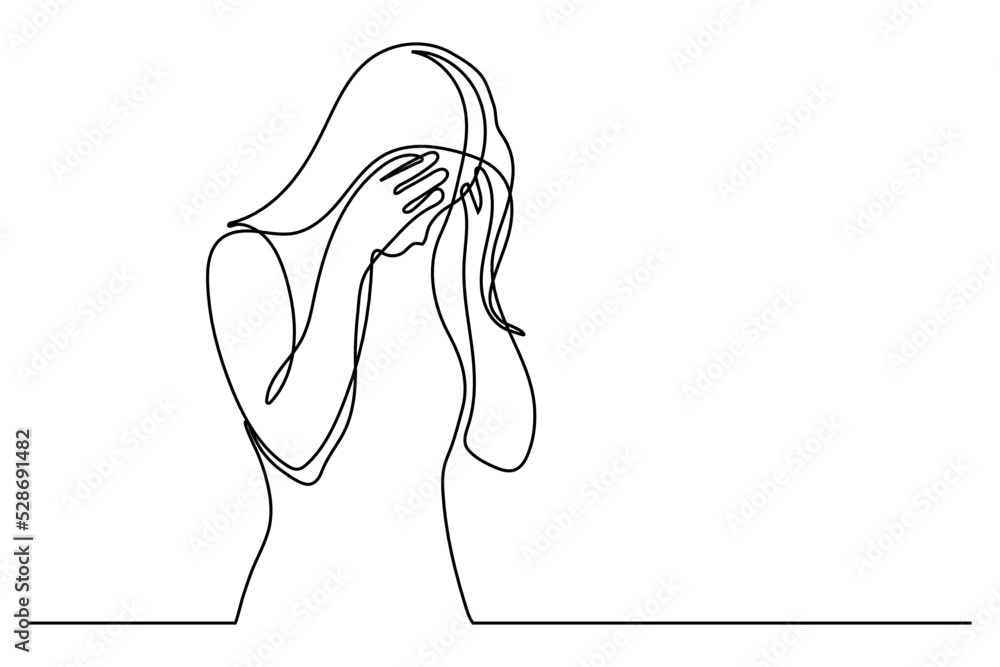 Continuous line drawings of young woman feeling sad, tired and worried ...