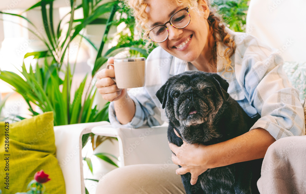 Animal dog best friend together concept with happy young woman owner ...