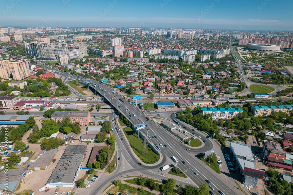 Aerial top down view of road bridge with traffic, road infrastructure ...