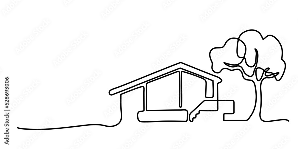 Continuous line Modern house with building trees Stock Vector | Adobe Stock