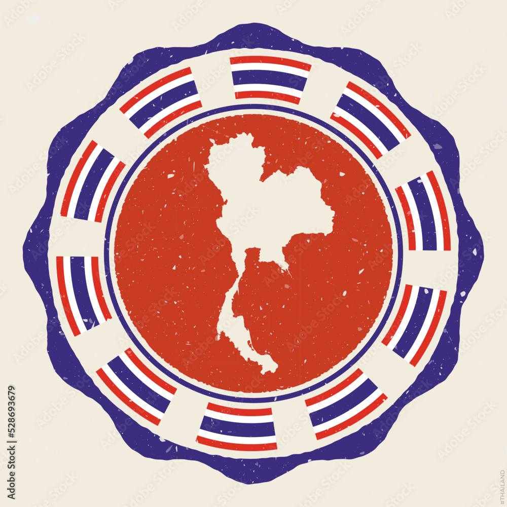 Thailand vintage sign. Grunge round logo with map and flags of Thailand ...