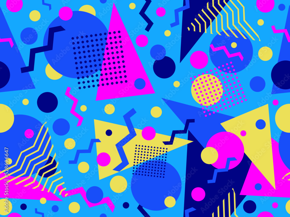Memphis seamless pattern with geometric shapes in 80s style. Colorful ...