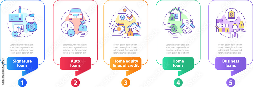 Loans types rectangle infographic template. Banking service. Data ...