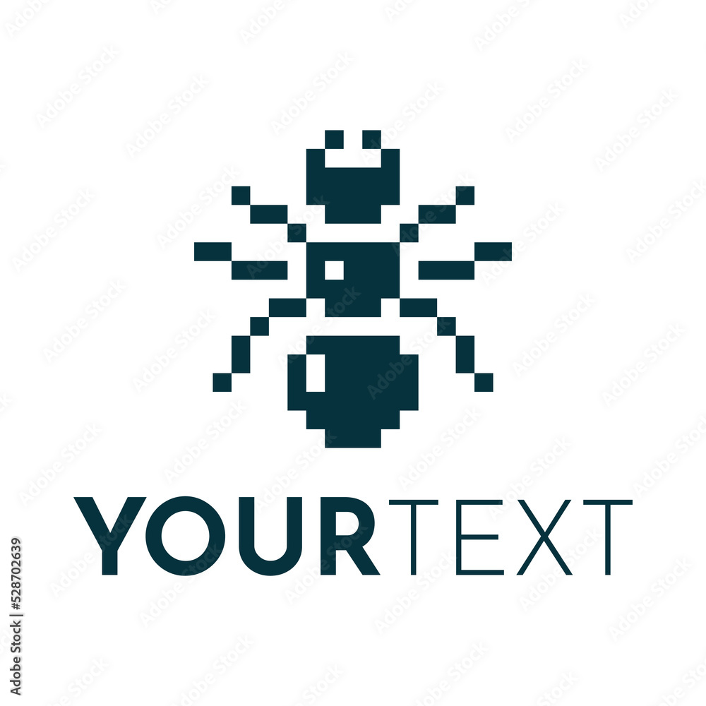 Poster monochrome simple vector 1bit pixel art emblem of black ant ...