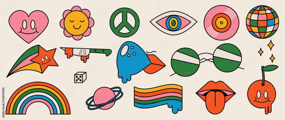 Set of 70s groovy element vector. Collection of doodle smile face ...