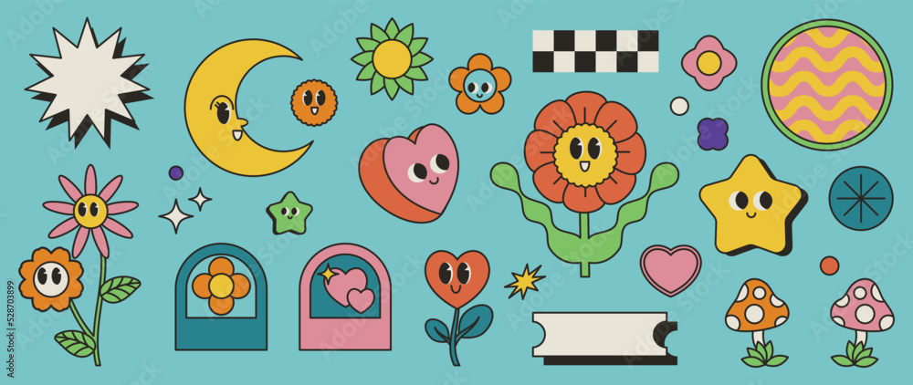Set of 70s groovy element vector. Collection of doodle smile face ...