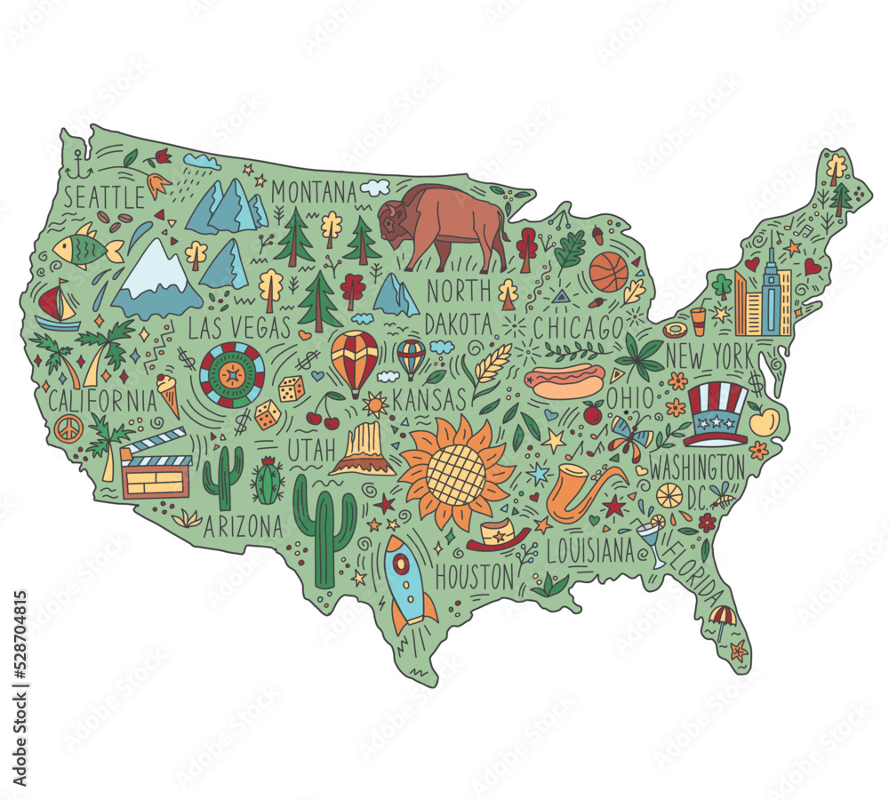 Hand drawn map of the United States. Concept of travel to the United ...