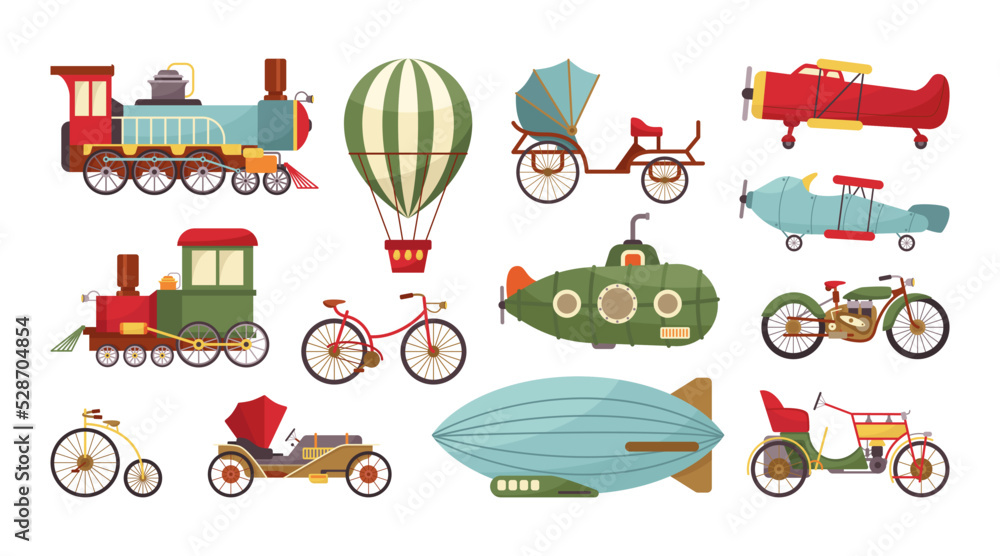 Different types of vintage transport cartoon illustration set. Retro ...