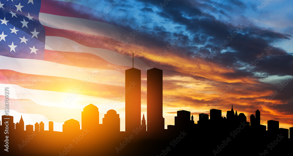 New York skyline silhouette with Twin Towers and USA flag at sunset. 09 ...