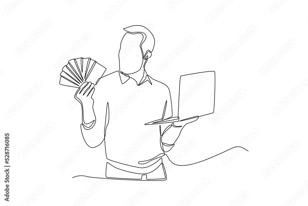 Continuous one line drawing happy businessman gets money from laptop ...