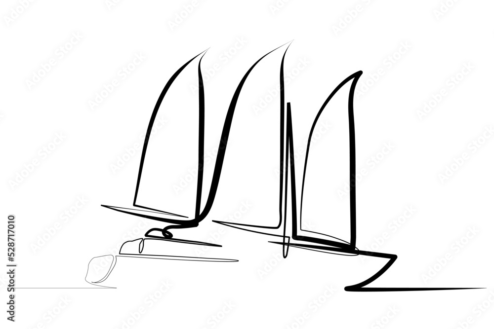 One continuous drawing line side view of a sailing yacht boat ship ...