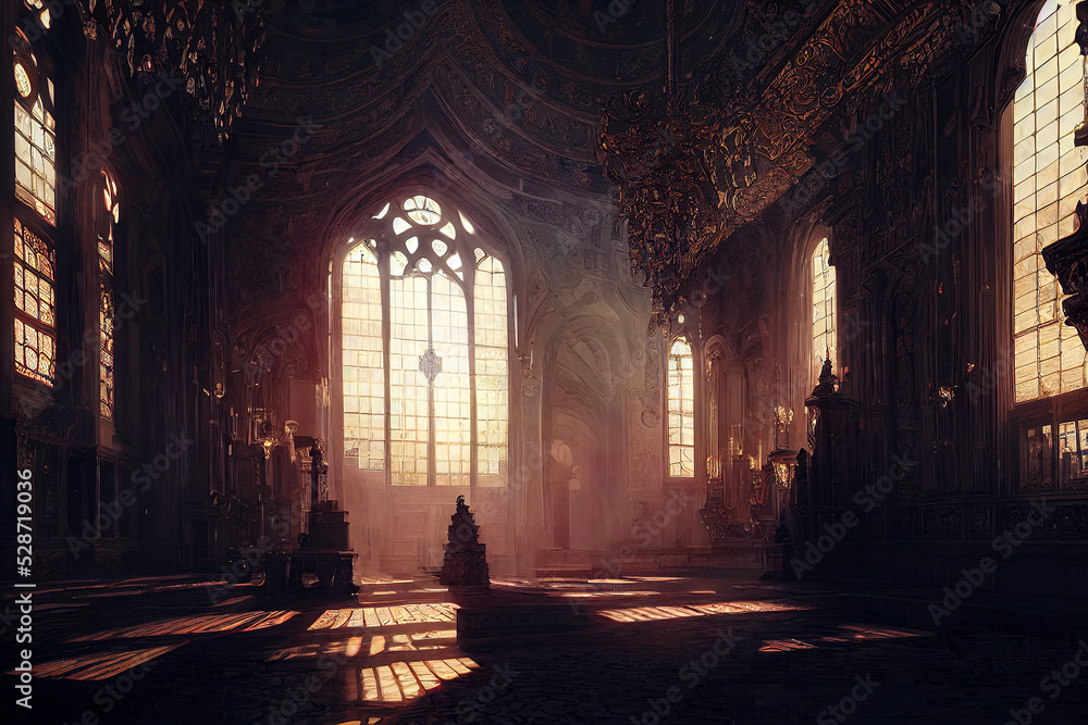 Palace interior with high stained-glass windows made of multi-colored ...