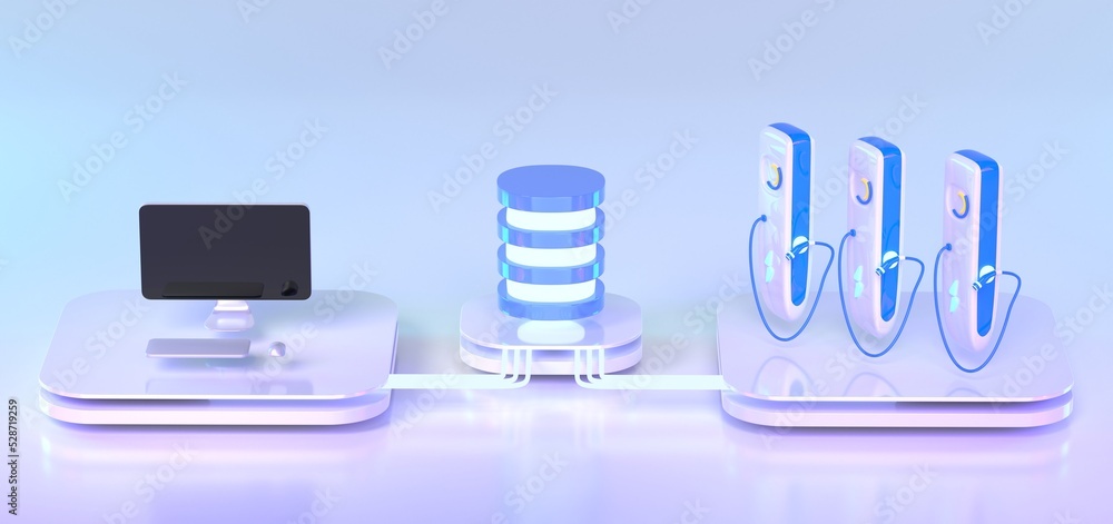 Data center isometric 3d render. Api, database server with charging ...