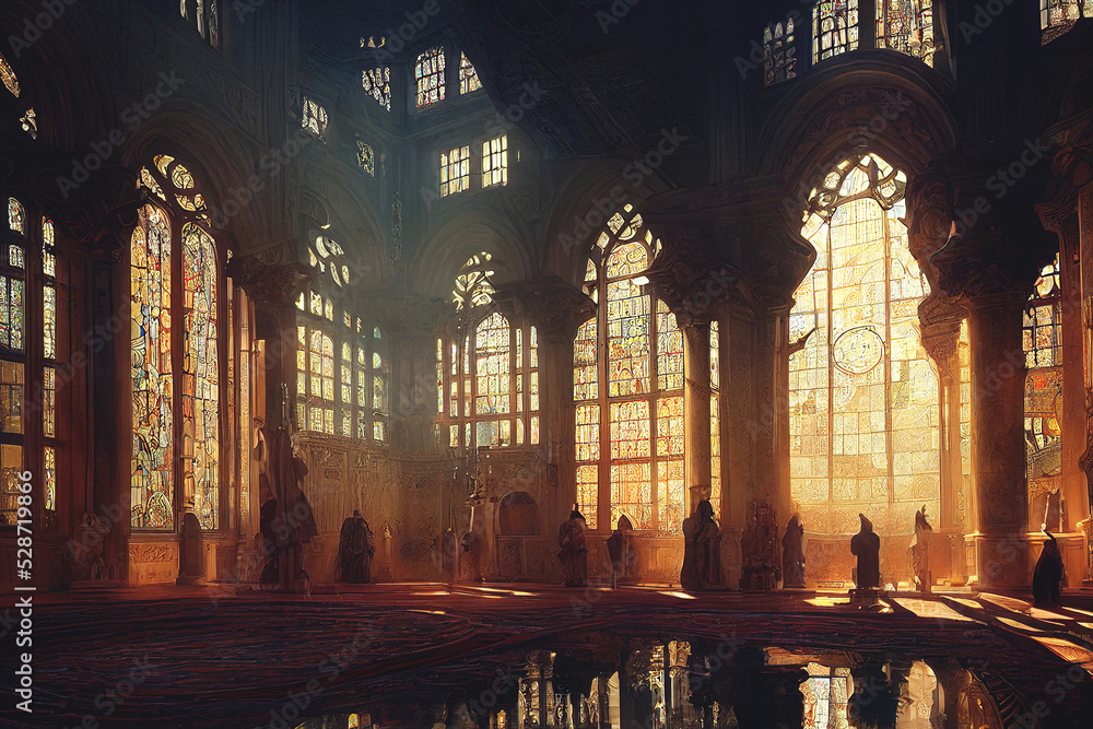 Palace interior with high stained-glass windows made of multi-colored ...