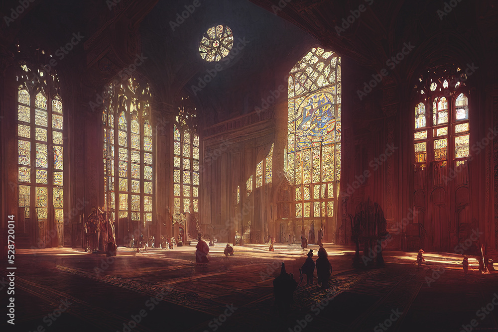 Palace interior with high stained-glass windows made of multi-colored ...
