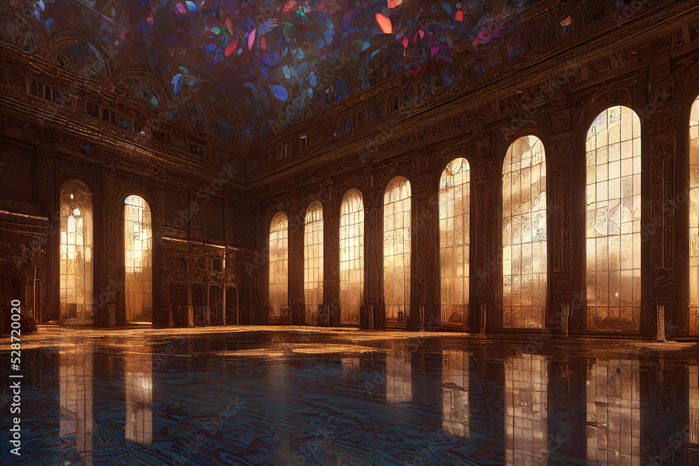 Palace interior with high stained-glass windows made of multi-colored ...